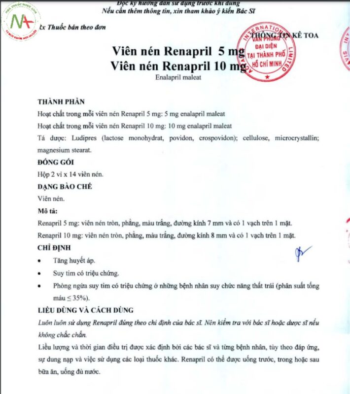 Thuốc Renapril 5mg có tác dụng gì, mua ở đâu, giá bao nhiêu?