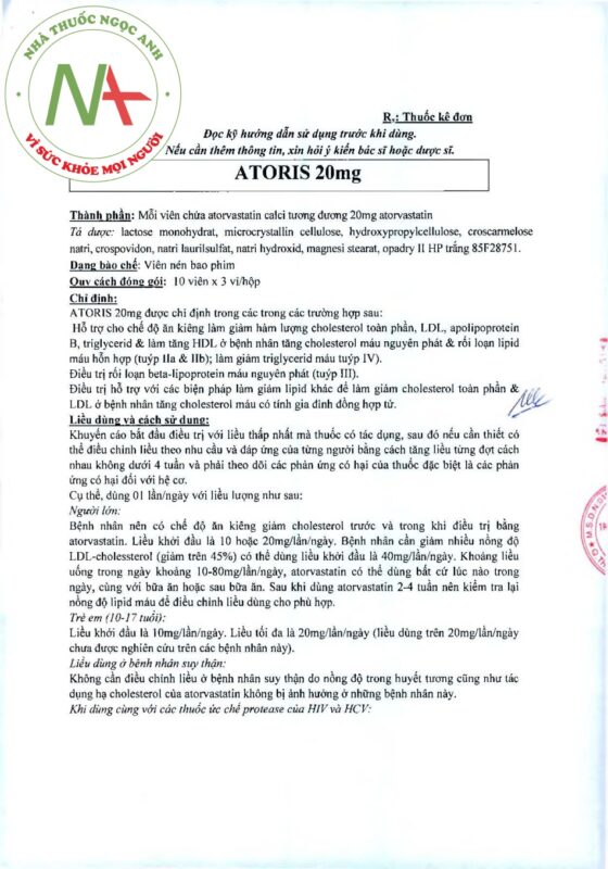 Thuốc Atoris 20mg là thuốc gì, có tác dụng gì, giá bao nhiêu, mua ở đâu