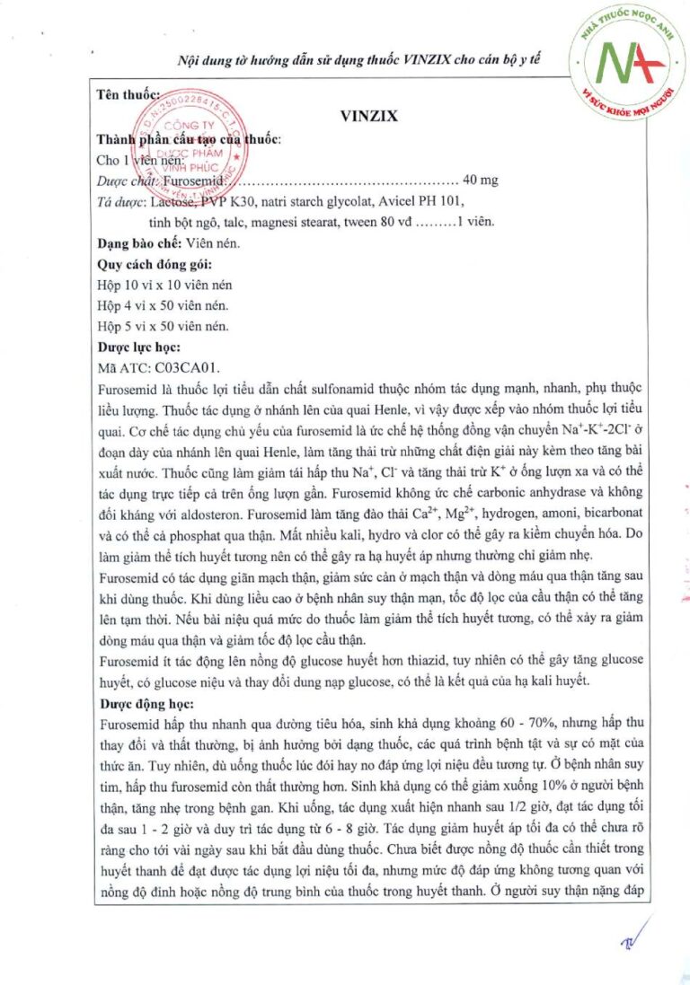 Thuốc Vinzix 40mg là thuốc gì, tác dụng gì, giá bao nhiêu, mua ở đâu?