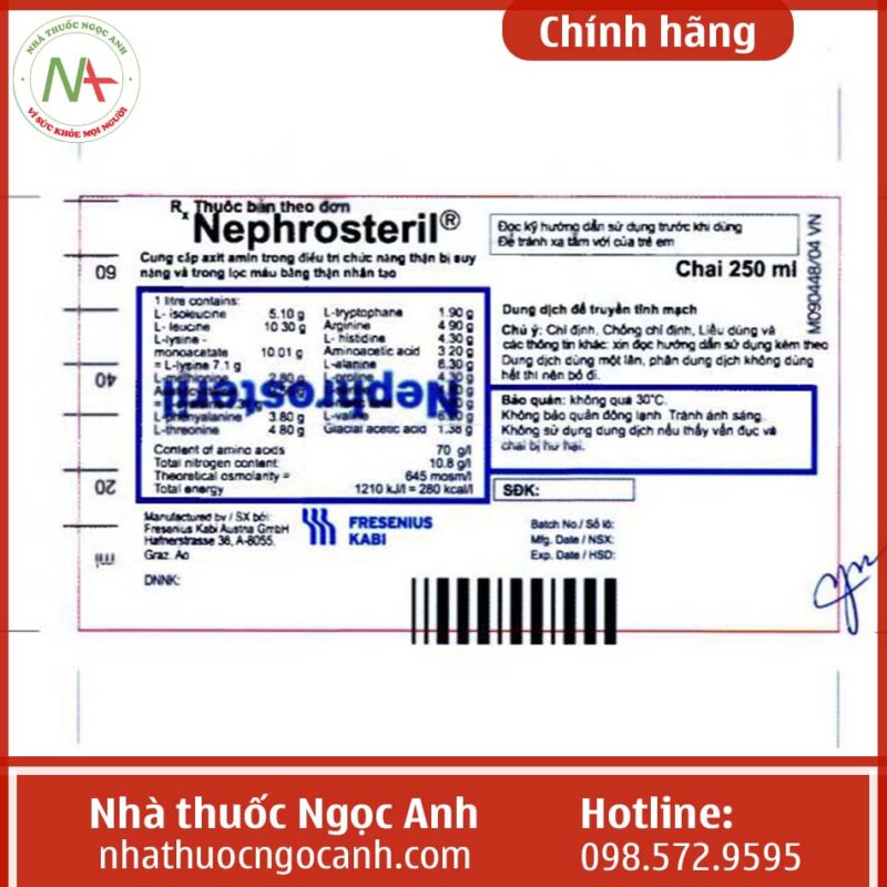 Thuốc Nephrosteril 250ml 7% là thuốc gì, giá bao nhiêu, mua ở đâu