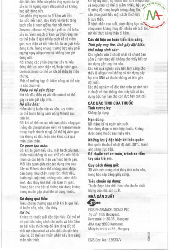 Thuốc Milurit allopurinol 300mg là thuốc gì, giá bao nhiêu, mua ở đâu