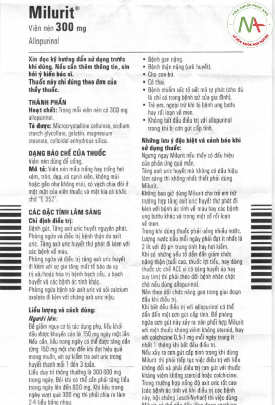Thuốc Milurit allopurinol 300mg là thuốc gì, giá bao nhiêu, mua ở đâu