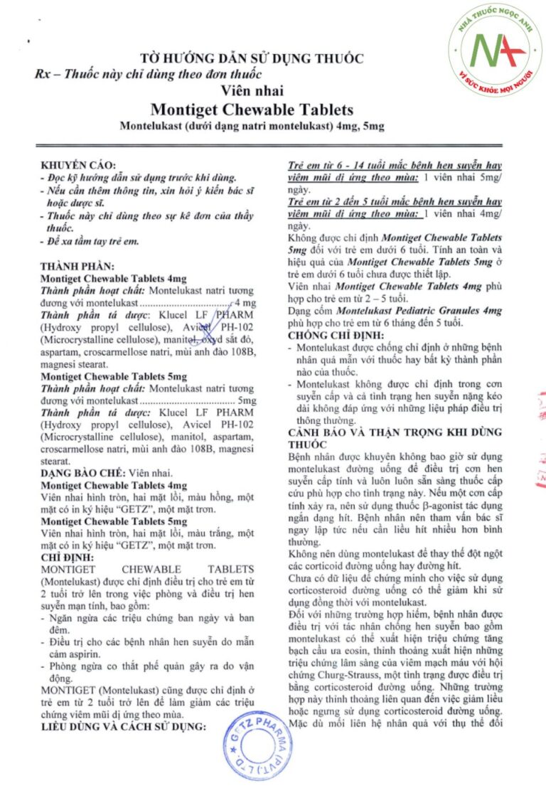 Thuốc Montiget Chewable Tablets 4mg liều dùng, giá bao nhiêu, mua ở đâu?