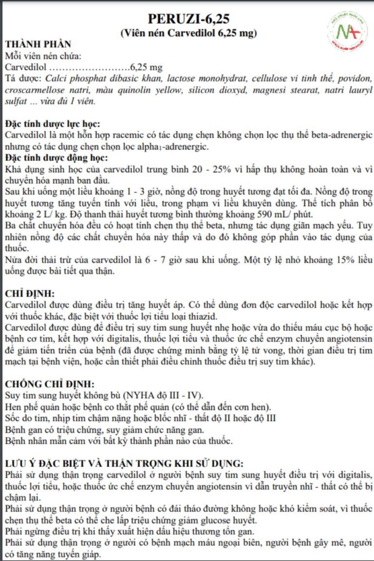 Thuốc Peruzi 6,25mg là thuốc gì, tác dụng gì, mua ở đâu, giá bao nhiêu?