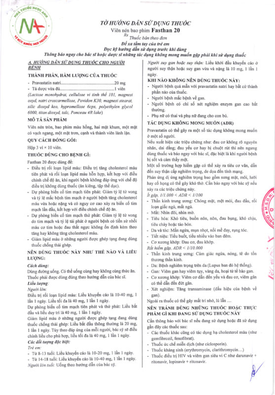Thuốc Fasthan 20 là thuốc gì? mua ở đâu? giá bao nhiêu?