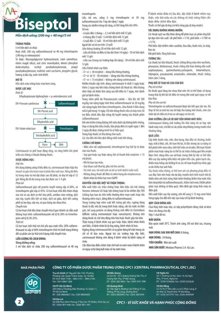 Thuốc Biseptol 80ml siro có tác dụng gì, giá bao nhiêu, mua ở đâu?