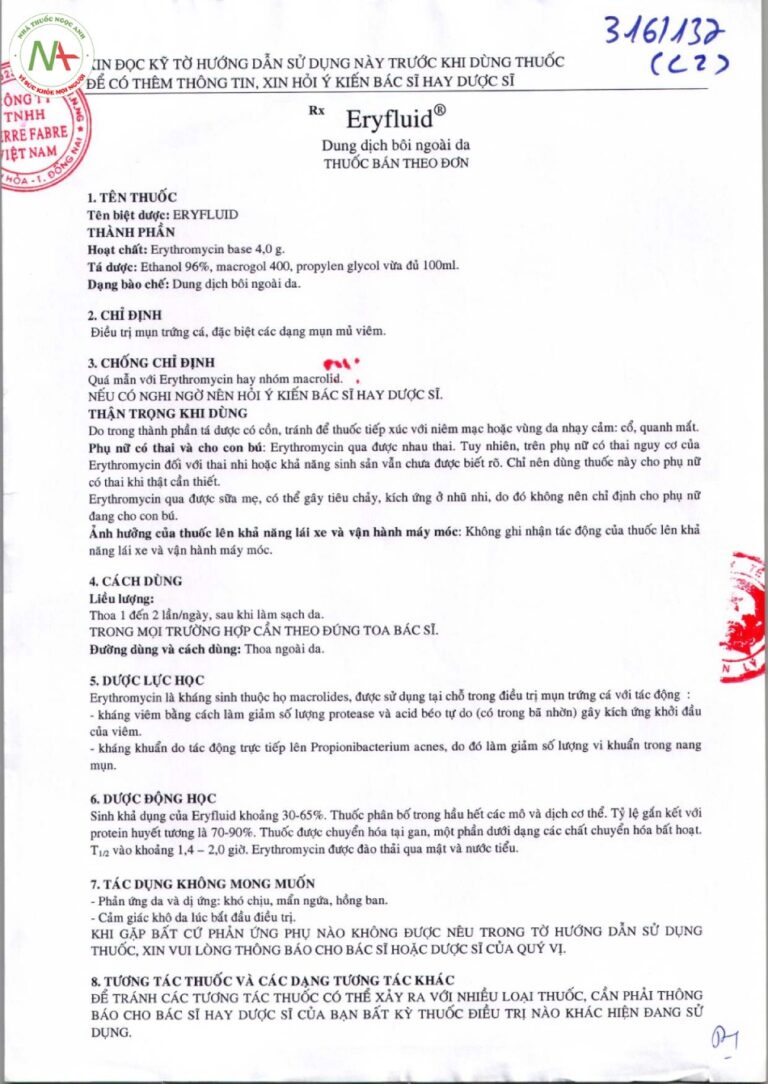 Thuốc Eryfluid 4% có tác dụng gì? Giá bao nhiêu? Mua ở đâu