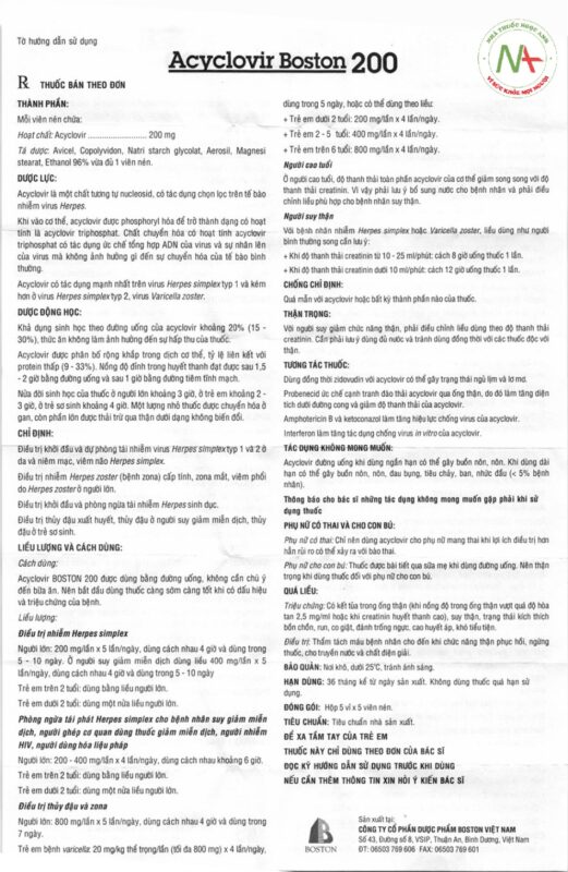 Thuốc Acyclovir Boston 200 là thuốc gì, giá bao nhiêu, mua ở đâu?