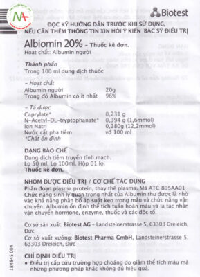Dịch truyền Albiomin 20% 50ml là thuốc gì, mua ở đâu, giá bao nhiêu
