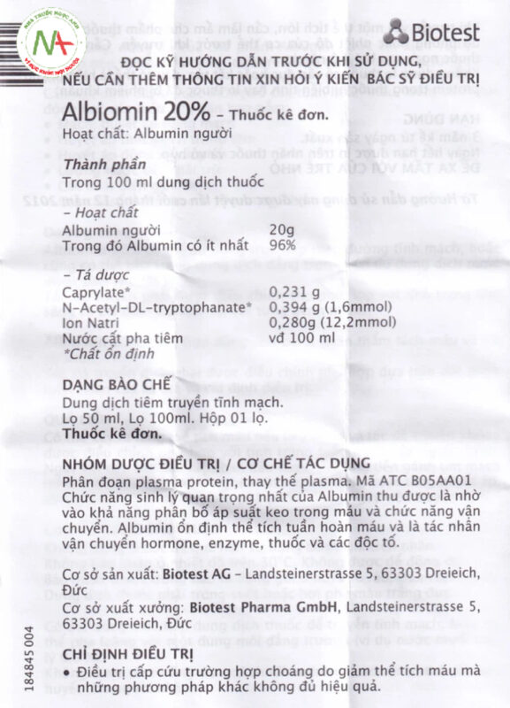Dịch truyền Albiomin 20% 50ml là thuốc gì, mua ở đâu, giá bao nhiêu