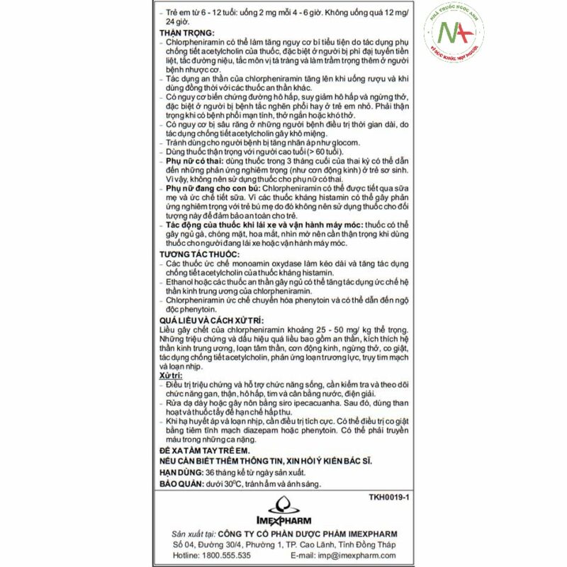 Thuốc Chlorpheniramin 4mg Imexpharm giá bao nhiêu, mua ở đâu?