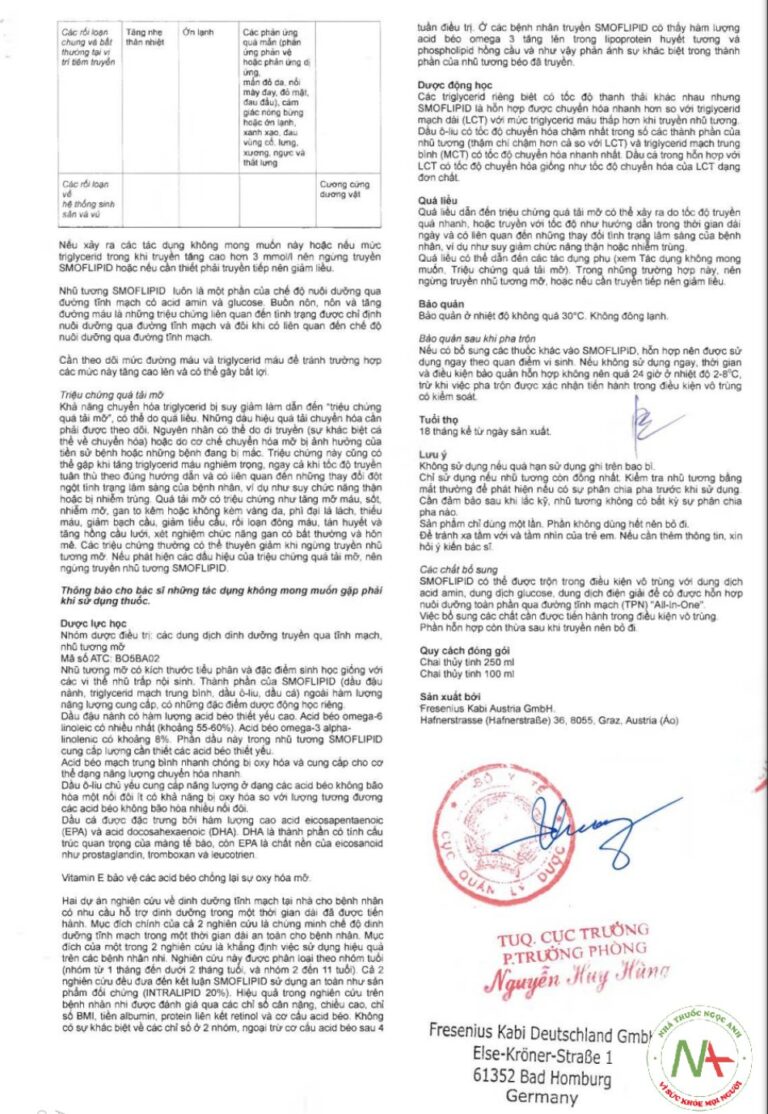 Thuốc Smoflipid 20% 250ml là thuốc gì, giá bao nhiêu, mua ở đâu?