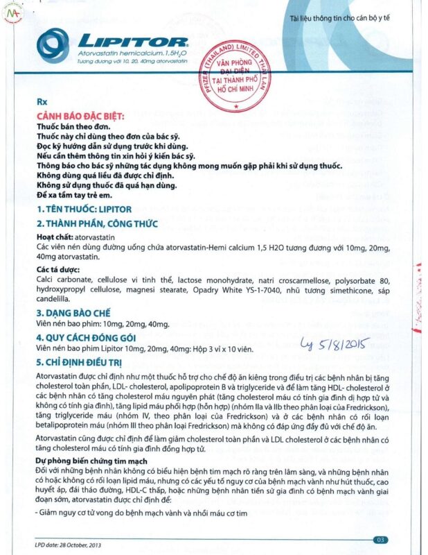 Thuốc Lipitor 20 mg có công dụng gì? Giá bao nhiêu? Mua ở đâu?