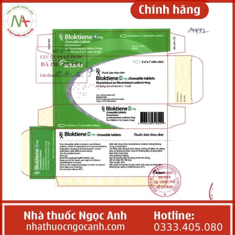 Thuốc Bloktiene 4mg là thuốc gì, mua ở đâu, giá bao nhiêu, tác dụng gì