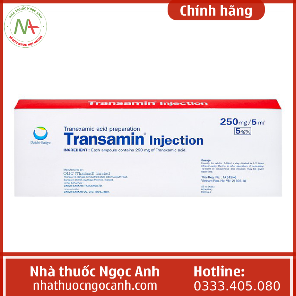 Thuốc Transamin Injection 250mg/5ml giá bao nhiêu, mua ở đâu?