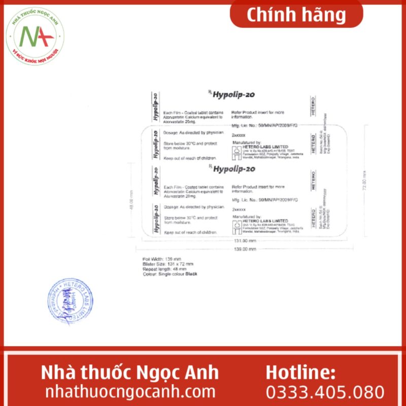 Thuốc Hypolip-20 Hetero là thuốc gì, trị bệnh gì, giá bao nhiêu, mua ở đâu?