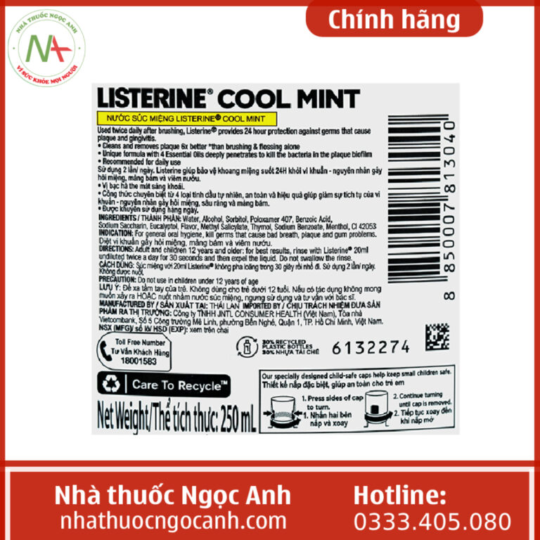 Nước súc miệng Listerine Cool Mint 250ml có tác dụng gì, giá bao nhiêu ...