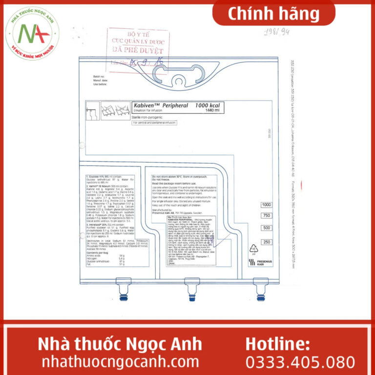 Thuốc Kabiven Peripheral 1440ml thành phần, giá bao nhiêu, mua ở đâu