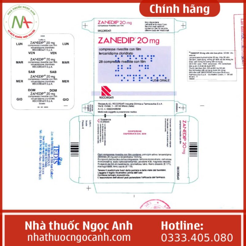Thuốc Zanedip 20mg có tác dụng gì, mua ở đâu, giá bao nhiêu?