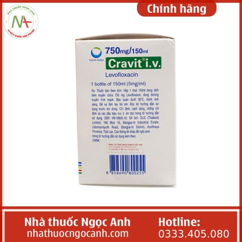 Thuốc Cravit I.V 750mg/150ml (Levofloxacin) có tác dụng gì, giá bao nhiêu