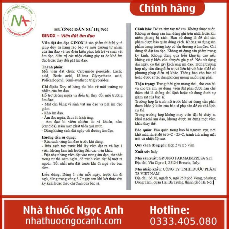 Viên đặt âm đạo Ginox có tác dụng gì? Mua ở đâu? Giá bao nhiêu?