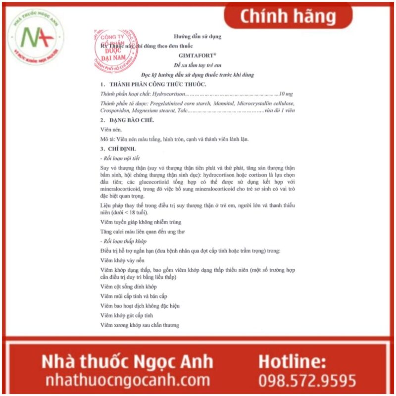 Thuốc Gimtafort 10mg (Hydrocortison) là thuốc gì, có tác dụng gì?